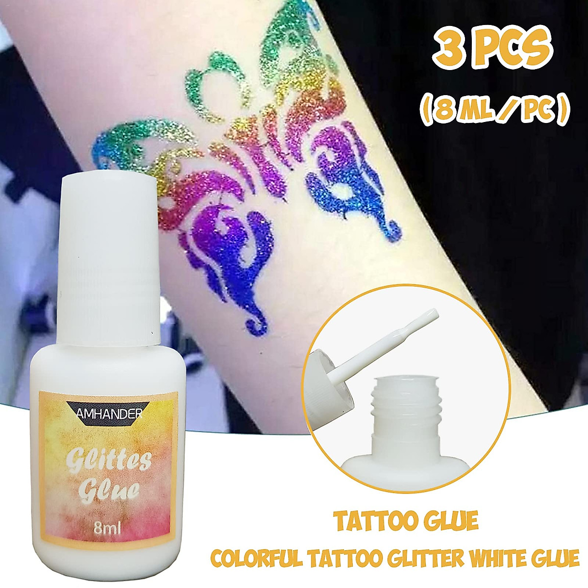 Temporary Tattoo Glue - 8ml Glitter Glue Brush Bottle, Water Soluble Body Painting Glue, Ideal for Halloween, Carnival, Birthday Party, Theme Party, Costume Events & Makeup Artists (3 Pcs)