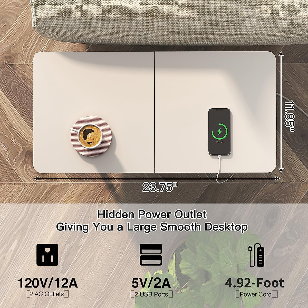 SOOWERY End Table with Charging Station, Narrow Side Table with Flip Top Cabinet and Fabric Drawer, Nightstand Bedside Tables for Small Spaces, Bedroom, Living Room, White