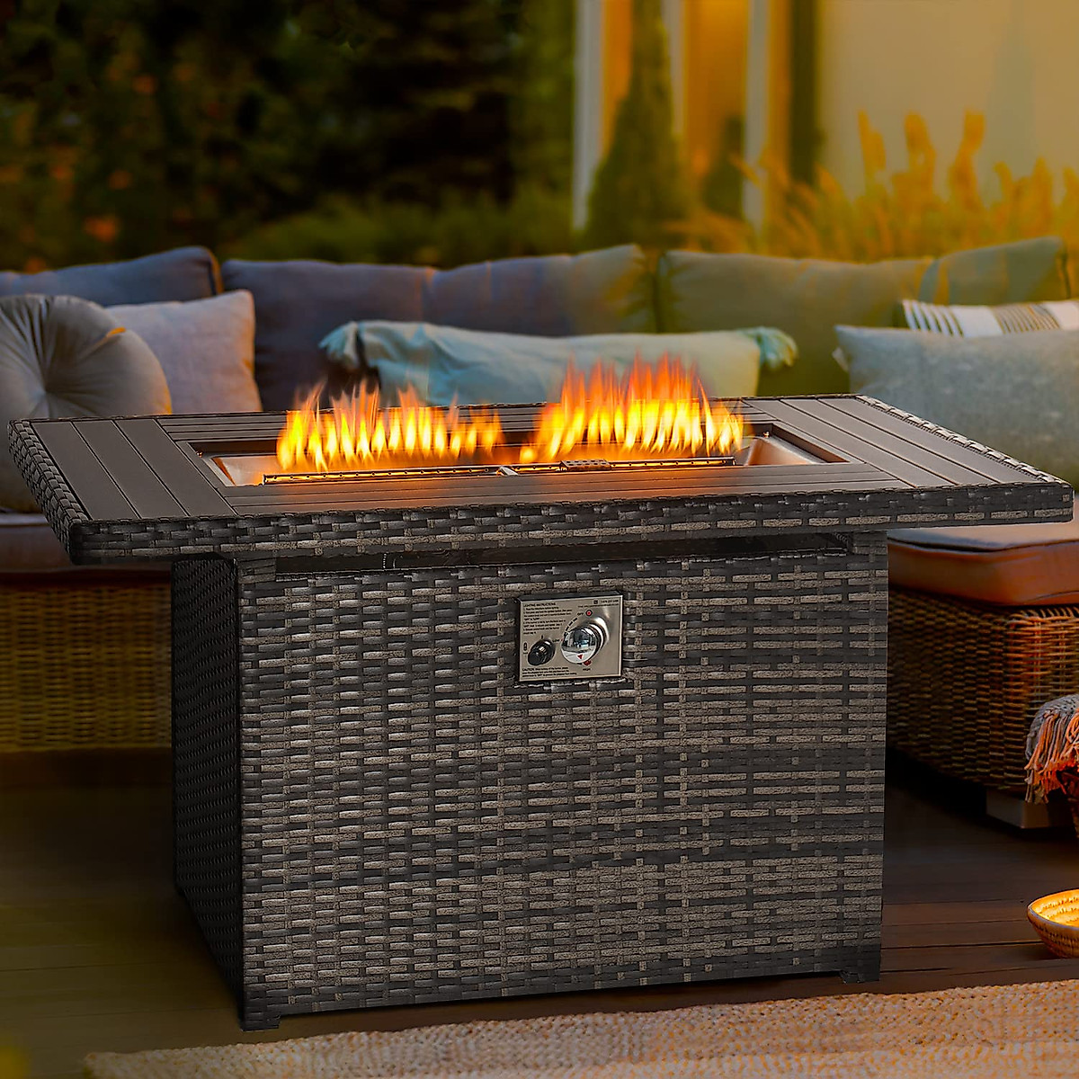 Aoxun Propane Fire Pit Table, 44 in CSA Propane Fire Table Rectangular, 50,000 BTU Auto Ignition Gas Fire Pit for Outside Patio Deck, Oxford Cover, Grey Wicker