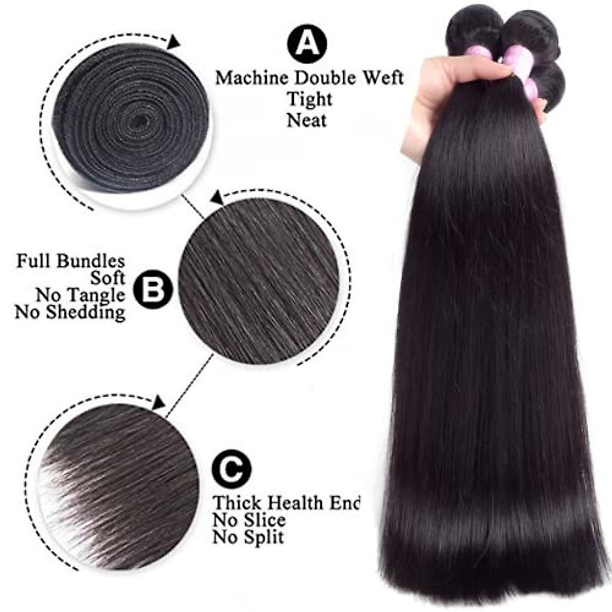 Abbily Straight Human Hair Bundles 16 18 20 Inch-10A Brazilian Virgin 3 100% Unprocessed Natural Black Color