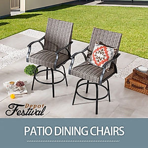 Festival Depot 2pcs Patio Bar Height Stools Rattan Wicker High Back 360° Swivel Chairs Patio Dining Chairs Metal Outdoor Furniture with Soft Seat Cushion for Bistro Lawn Garden Pool