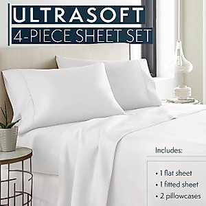 HC COLLECTION Full Size Bed Sheets, 4 pc Bed Sheets & Pillowcases Set - Machine Washable for Easy Care - Soft & Breathable All Season Microfiber Sheets with Deep Pockets - White