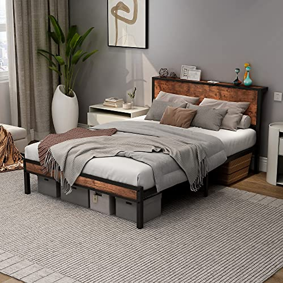 DUMEE Full Size Bed Frame with Wood Storage Headboard, Metal Platform Bed Frames Full, No Box Spring Needed, Noise Free, Reinforced Strong Support Leg, Textured Black&Brown Oak