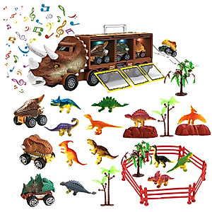 Dinoaur Toy Truck for Kids Dinosaur Toy Transport car Set 1 Large Dino Carrier Truck 3 Small Pull Back Cars and 12 Dinosaur Toy Set for Toys and Birthday Gifts for Boys girlss (Brown), DINO-28set