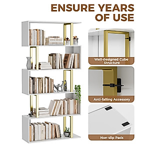 Gadroad 5 Tier Geometric Bookcase,S Shaped Bookshelf, Wood Decorative Storage Shelving, Modern Freestanding Display Shelves, Tall Book Shelf Unit for Living Room Bedroom, Gold