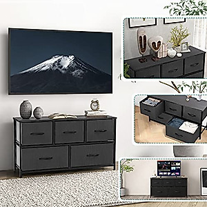 OLIXIS Organizer Storage 5, Chest of Drawers with Fabric Bins, Long Dresser with Wood Top for Bedroom, Closet, Entryway, Black