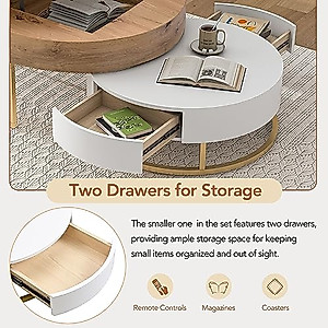 Modern Round Lift-top Nesting Coffee Tables with 2 Drawers, Wood Cocktail Table Center Table with Metal Pedestal & Concealed Storage Compartment for Living Room (Oak Natural Wood + Antique White-74)