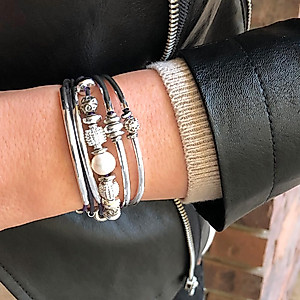 Lizzy James Kristy Silver Bracelet Necklace with Pearls and Silver Beads in Natural Black Leather (LARGE)