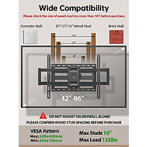 USX MOUNT Full Motion TV Wall Mount for Most 47-84 inch Flat Screen/LED/4K TV, TV Mount Bracket Dual Swivel Articulating Tilt 6 Arms, Max VESA 600x400mm, Holds up to 132lbs, Fits 8” 12” 16" Wood Studs