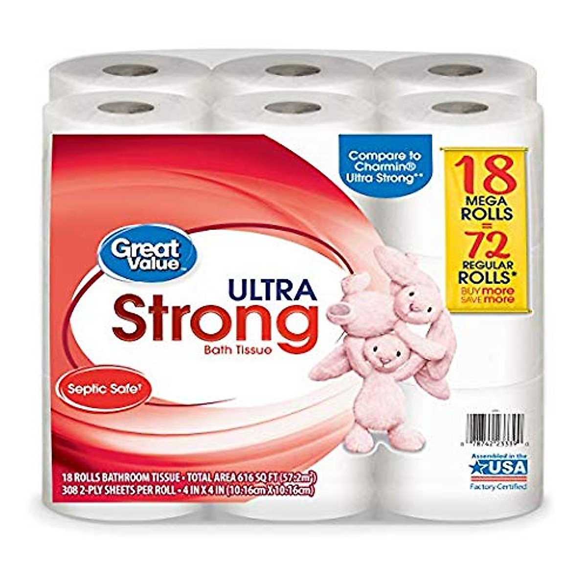 Great Value Ultra Strong Toilet Tissue Paper, 18 Mega Rolls (Pack of 4)