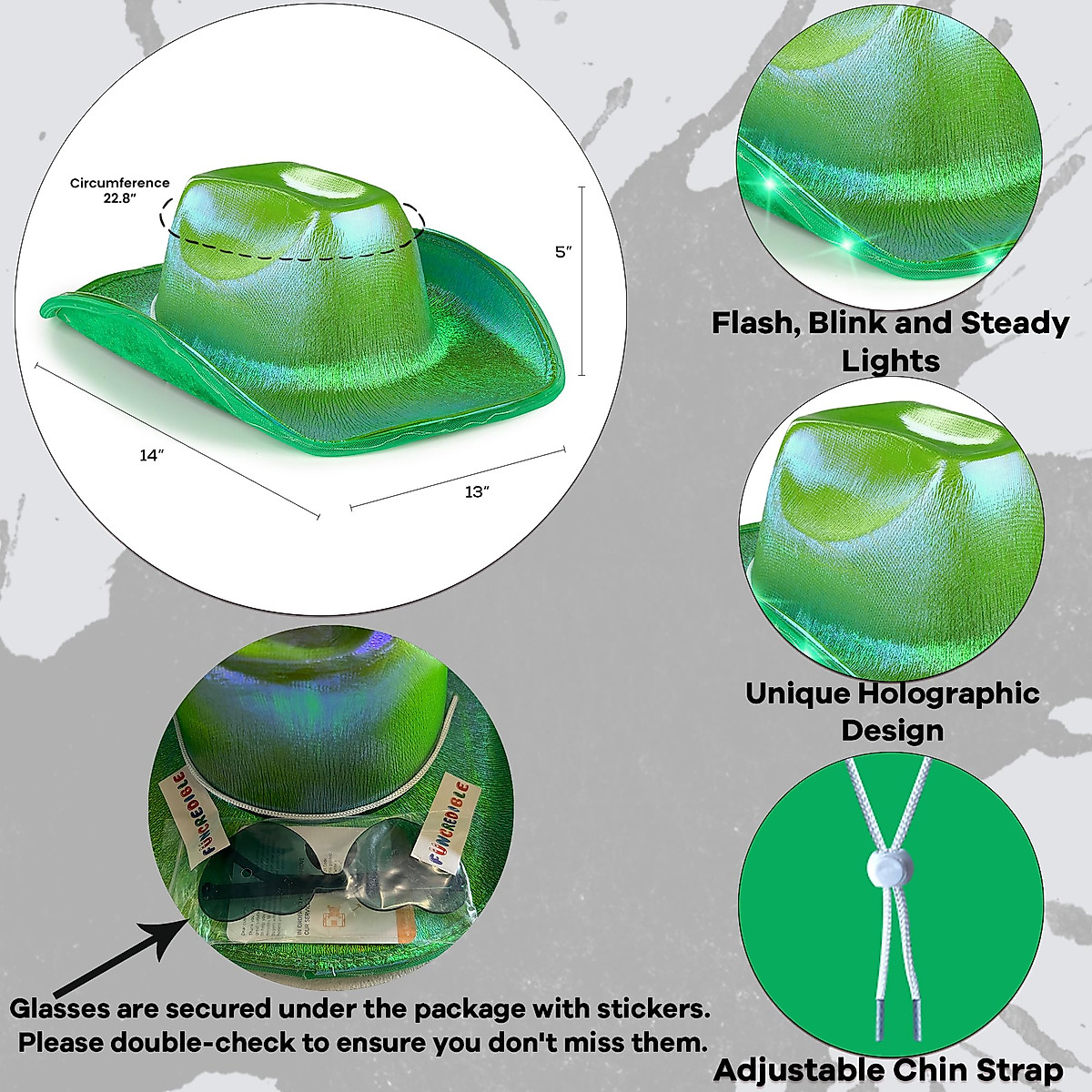 Funcredible Green Light Up Cowboy Hat and Glasses - Led Cowgirl Hat for Girls - Neon Cowboy Hat - Cowgirl Costume Accessories for Women