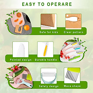 HANHAN 8 PCS Kids Knife Set, Include 4 Pcs Plastic Knives with Serrated Edges, Crinkle Cutter, Y Peeler, Crocodile Wood Knife & Durable Cutting Board for Fruit, Vegetable, Bread, Cake & more (#A)