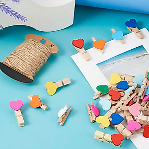Pandahall 100Pcs Wooden Heart Clothespins Mini Photo Clips Photo Paper Pegs Clips Mixed Color Clothes Pins Holiday Card Holder Display with 10.9 Yards Jute Twine