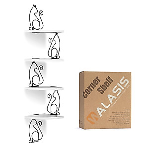 Walasis Corner Floating Shelves 4-Tier- Cute Wall Corner Shelves for Storage Wood Wire Cat Decorations for Bedroom