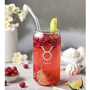 18oz Iced Coffee Cup | Beer Can Glass | Coffee Glass Cup with Lid and Straw | Taurus Zodiac Gifts for Women and Men (Packaging May Vary)