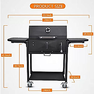 CRYSTAL FIT Charcoal Grills, 24-Inch Charcoal Grill Outdoor Cooking Smoker Backyard Barbeque Griller with Side Trays, Black