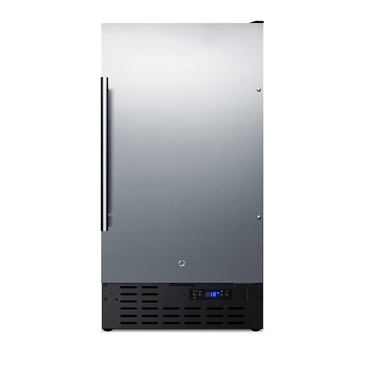 Summit Appliance BIM18SS 18" Wide Frost-Free Icemaker in for Built-in or Freestanding Use with Stainless Steel Door and Black Cabinet, Factory Installed Lock, Digital Thermostat, Digital Display