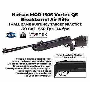 Hatsan Mod 130S Carnivore .30 Cal 600 FPS / 34 FPE - Big bore Break Barrel Air Rifle .30 Caliber w/Vortex Piston & QuietEnergy (QE)| Medium Game air Gun + Wearable4U Pack of 100x Pellets Bundle