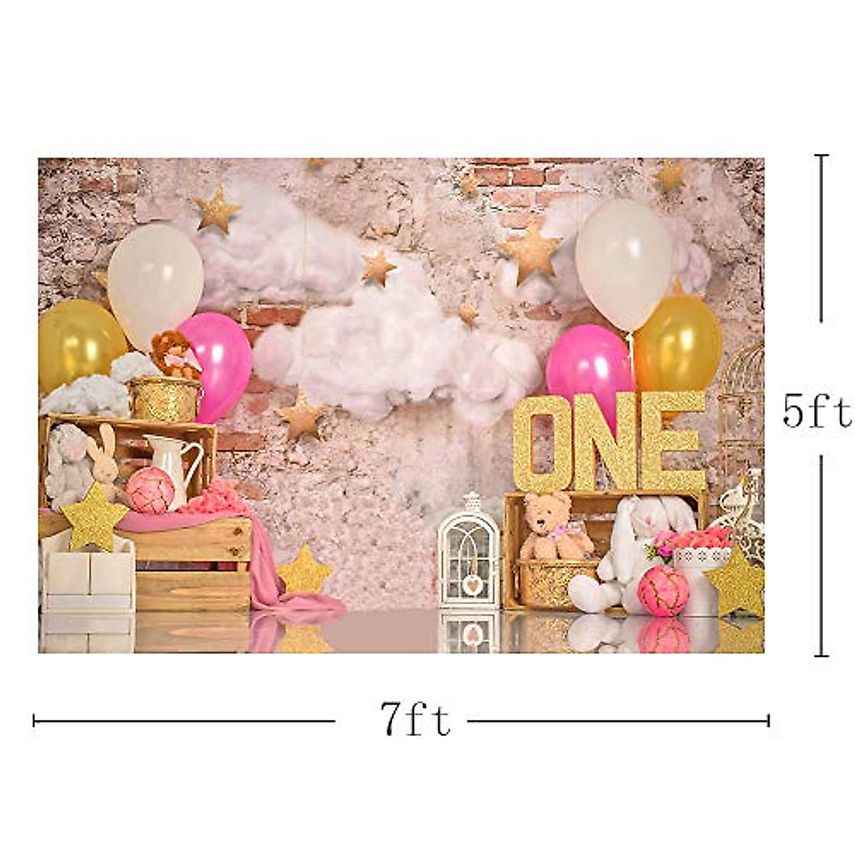 MEHOFOND 7x5ft Pink Gold Balloon Girl First Birthday Party Backdrops Sweet One Retro Brick Wall Cloud Gold Stars Photography Background Portrait Photo Studio Decoration Banner Props for Cake Smash