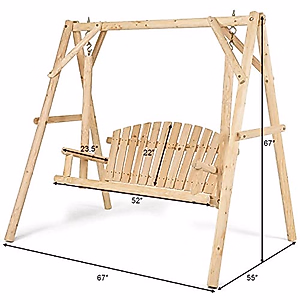 Safstar Porch Swing, Outdoor Wooden Swing with A-Frame for 2 Person, Rustic Hardwood Swing Chair for Patio Garden Yard, 6.5' Wooden Swing Bench for Adult Senior Toddler, Natural