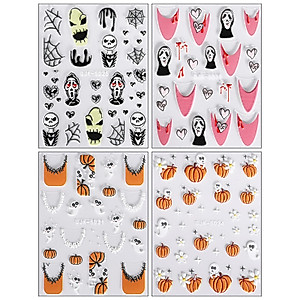 JMEOWIO 3D Embossed Halloween Nail Art Stickers Decals Self-Adhesive Pegatinas Uñas 5D Cute Horror Ghost Spook Nail Supplies Nail Art Design Decoration Accessories 4 Sheets