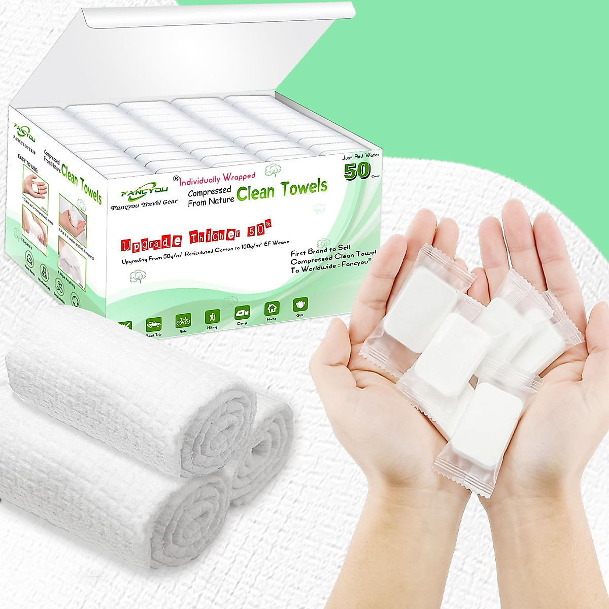 Fancyou Large Compressed Towels, Individually Wrapped Disposable Face Towel,Thicken Magic Mini Towel Portable Cotton Coin Tissue for Travel,Camping,Hiking,Sport,Home,Outdoor Activities(50 Count)