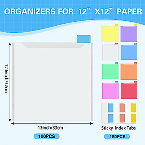 Glenmal 100 Pieces 12x12 Scrapbook Paper Storage Organizer with 180 Pieces Sticky Index Tabs,plastic Craft Vinyl Scrapbook Paper Storage Bags,storage for Scrapbooking Photo and Paper File (Multicolor)