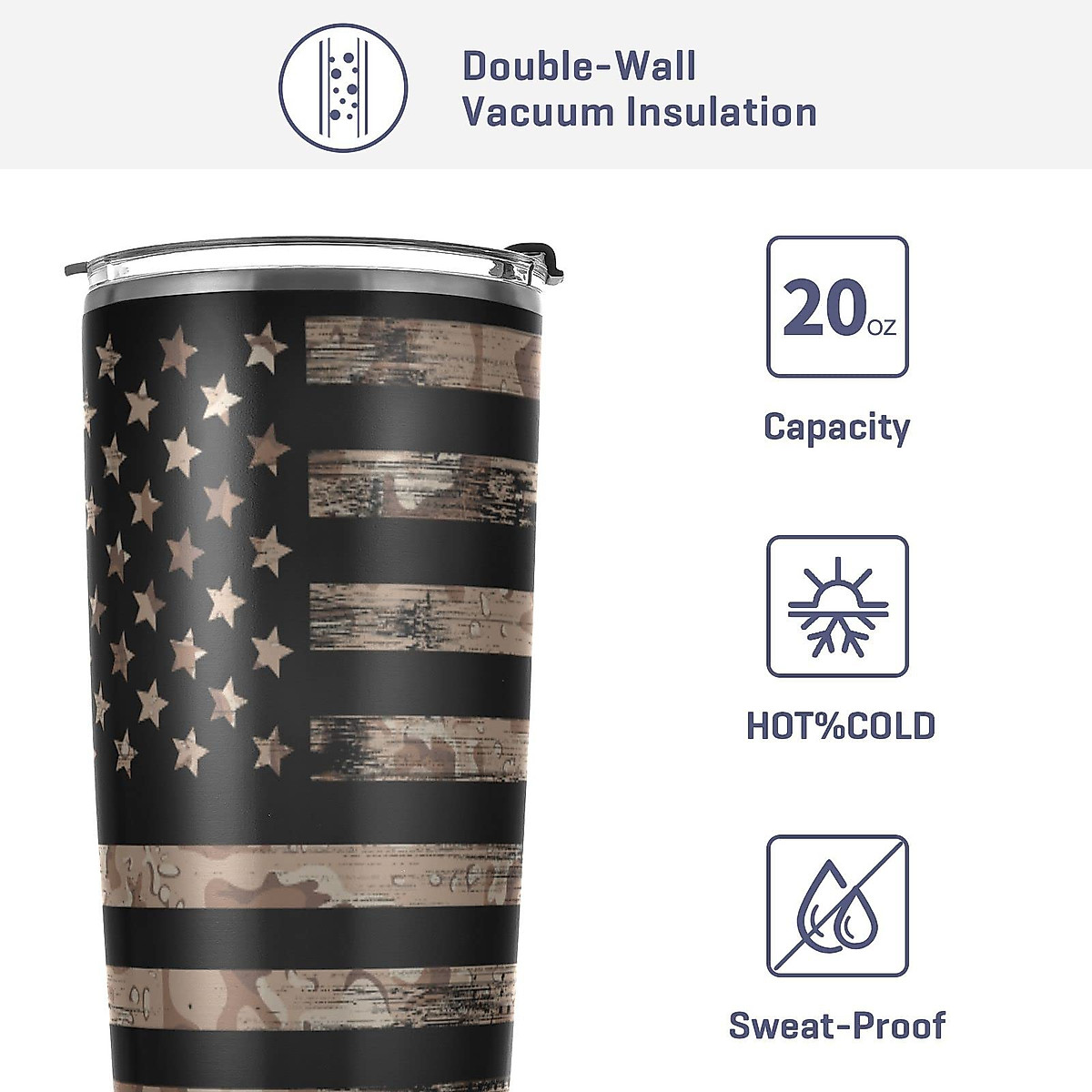 foixnub American Flag 20oz Tumbler Desert Camouflage Insulated Coffee Cup Wine Tumbler Stainless Steel Reusable Water Bottle Double Walled Travel Mug Thermal Cup for Hot Cold Drinks