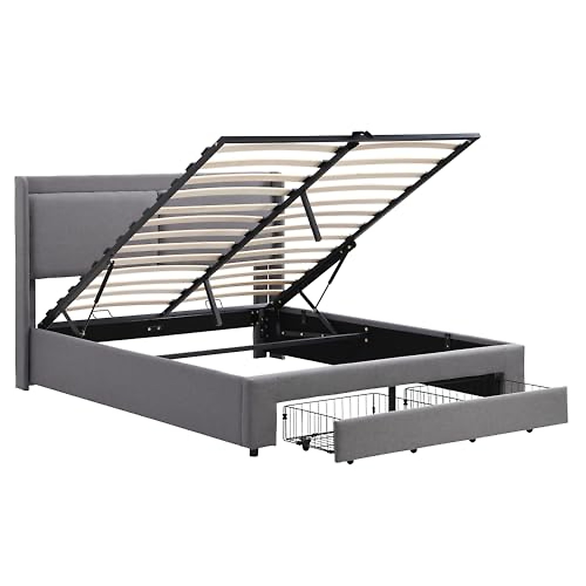 BOVZA Queen Size Lift Upholstered Platform 2 Drawers, Modern Wingback Headboard, Hydraulic Storage Bed Frame, Linen Gray