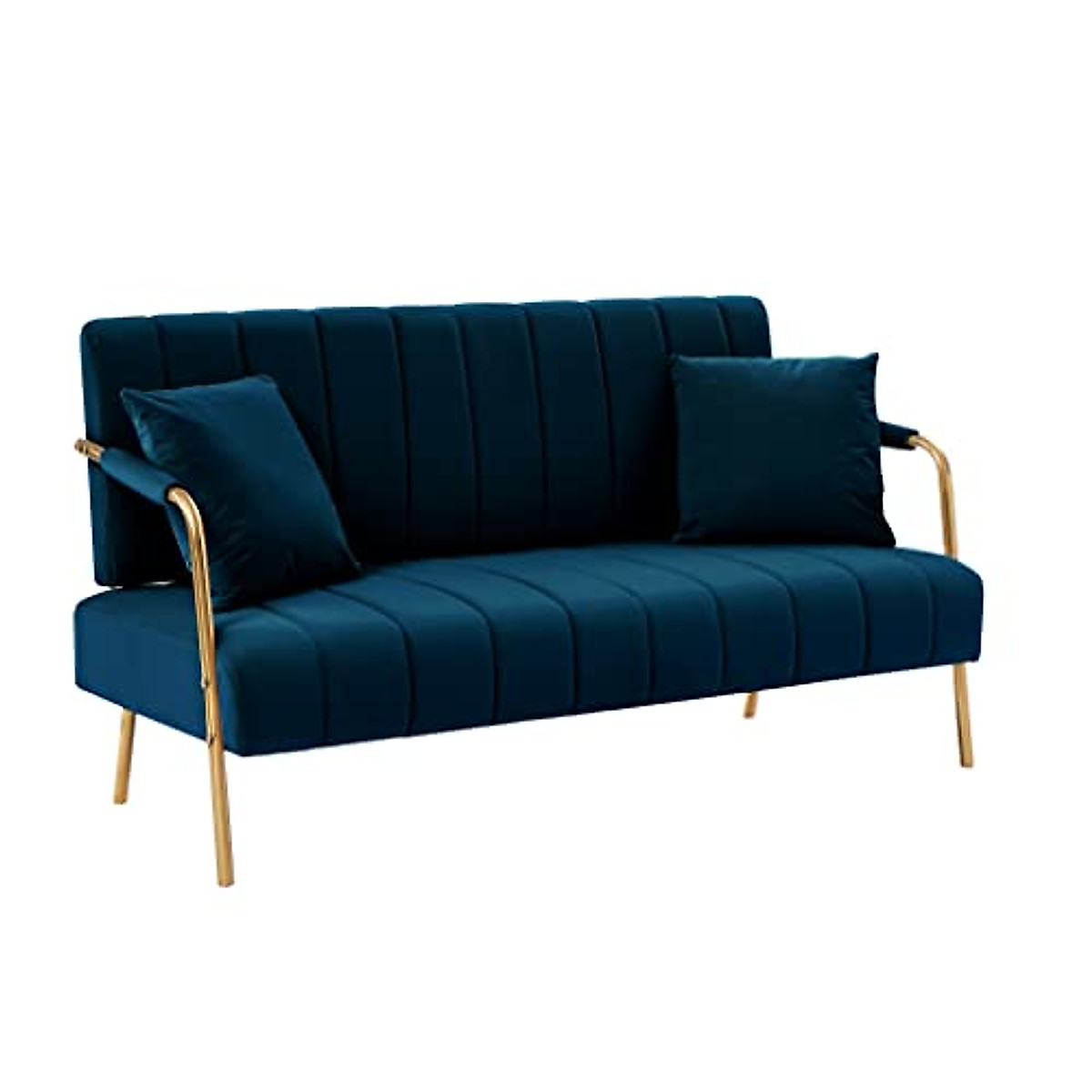 Modern Upholstered Velvet Loveseat Sofa: 60" Mid Century 2 Seater Sofa - Cashmere Sofa Couch with 2 Pillows - Gold Metal Legs - Small Spaces Bedroom Apartment Office Living Room (Dark Blue)