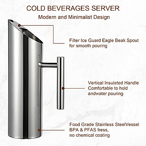 Water Pitcher Stainless Steel Serive Tool Food Grade for Restaurant, Home, Hotel, Jug with Ice Guard and Handle, Perfect for Cold Water, Iced Tea, Coffee, Juice or Cold Beverages - 49 Oz / 1.4 Littre