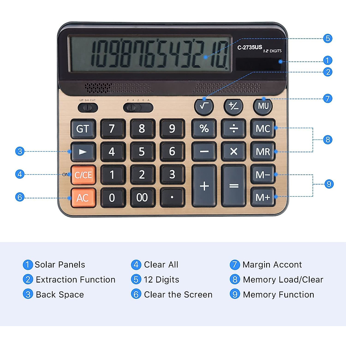 Calculator, Solar Battery Calculator Dual Power Large Standard Function Desktop Business Calculators, 12-Digit LCD Display Big Number Electronics Calculator for Office Finance School Student
