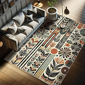 Ambesonne Bohemian Decorative Rug, Retro Mid Century Inspired Abstract Patterns on Ivory Background, Quality Carpet for Bedroom Dorm and Living Room, 4' X 5' 5", Dark Orange and Reseda Green