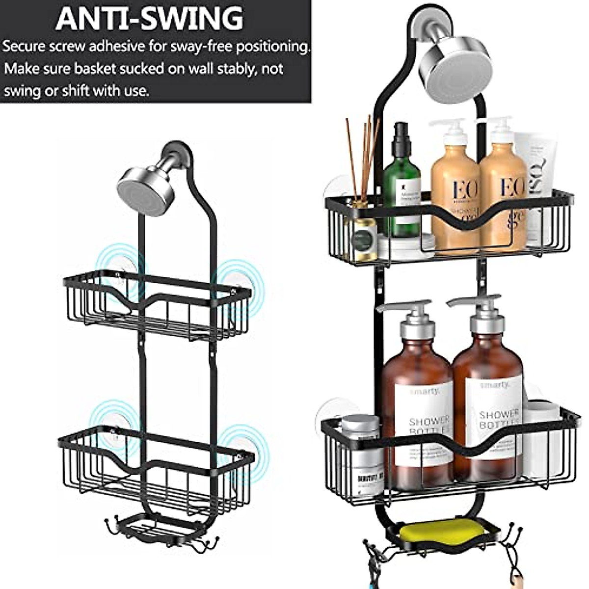 Kerisgo Hanging Shower Caddy, Over Head Shower Caddy Shower Organizer Rack with Soap Dish, Shower Storage Basket for Shampoo, Conditioner, Razors, Soap, Shower Sponge (Black)