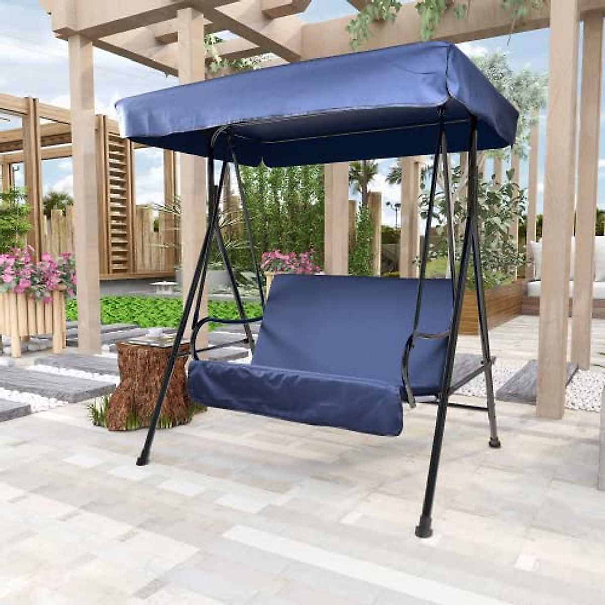 FUZOFUIZ 2-Seat Outdoor Patio Porch Swing Chair, Porch Lawn Swing with Removable Cushion and Convertible Canopy (Blue)
