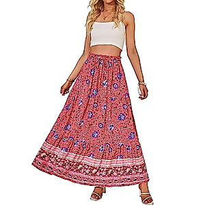 ZESICA Women's 2025 Summer Bohemian Floral Printed Elastic Waist A Line Maxi Skirt with Pockets,Floral Red,Small