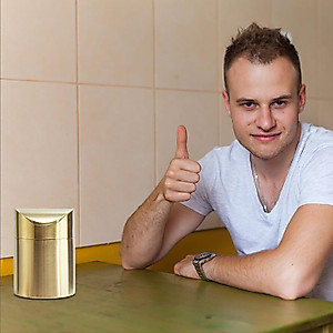 Chemlliy Stainless Steel Trash Can with Swing Lid, Mini Countertop Trash Bin Bathroom, Golden Desktop Garbage Cans Tiny Kitchen Waste Bins with Trash Bag