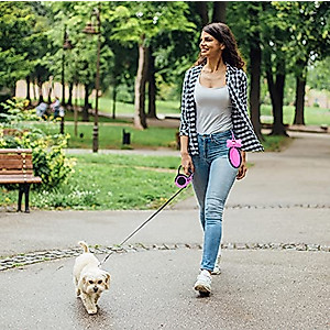 Dunhuang Retractable Dog Leash for X-Small/Small/Medium, 10ft (for Dogs Up to 22lbs), with 1 Free Portable Silicone Dog Bowl + 1 Waste Bag Dispenser + 3 Waste Bag (Pink)