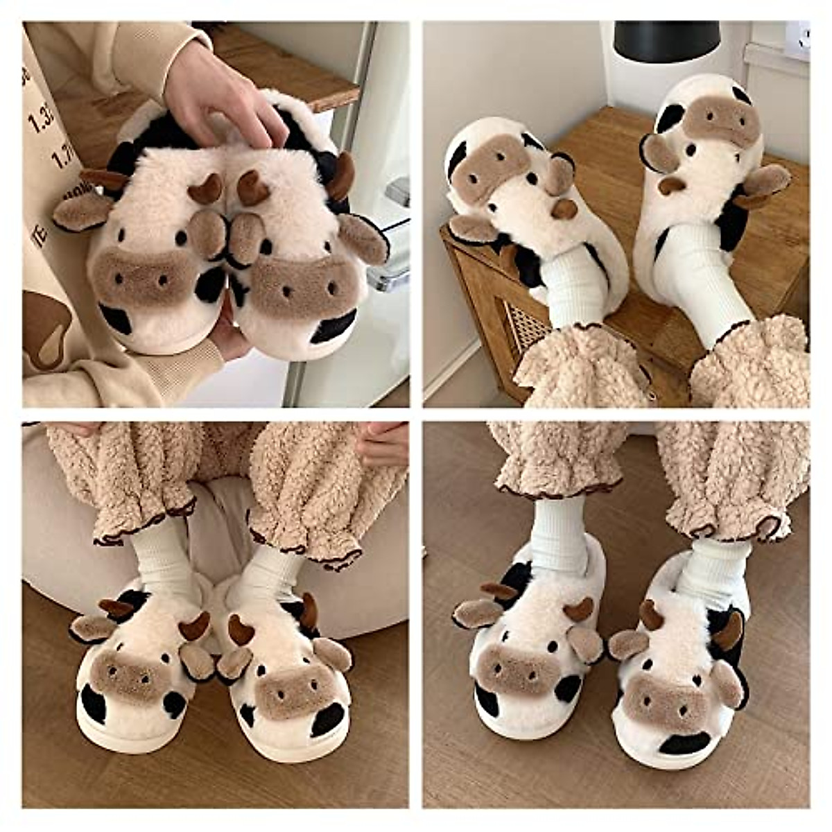 Jerzmy Fuzzy Cow Slippers for Women Men, Cute Cotton Animals House Slippers Fluffy Plush Shoes for Girls Indoor Living Room Bedroom Garden, Size 10-11