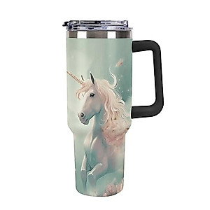 LLUTSNTH 40 Oz Vacuum Tumbler with Black Handle Leakproof Insulated Tumbler Two Horses Are Flying Stainless Steel Travel Mug with Lid And Straw Coffee Cup Cute Water Bottles Cup Holder Friendly