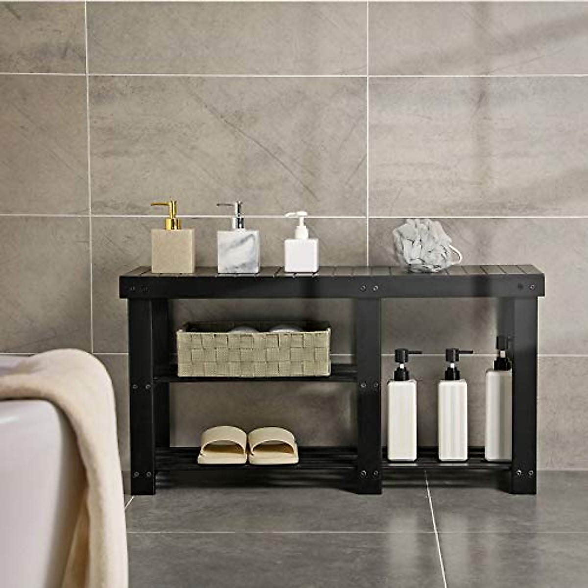 SONGMICS Bamboo Shoe Bench, Shoe Rack for Boots, Entryway Storage Organizer, 3-Tier Shoe Shelf, for Hallway, Bathroom, Living Room, Corridor, Black ULBS06BK