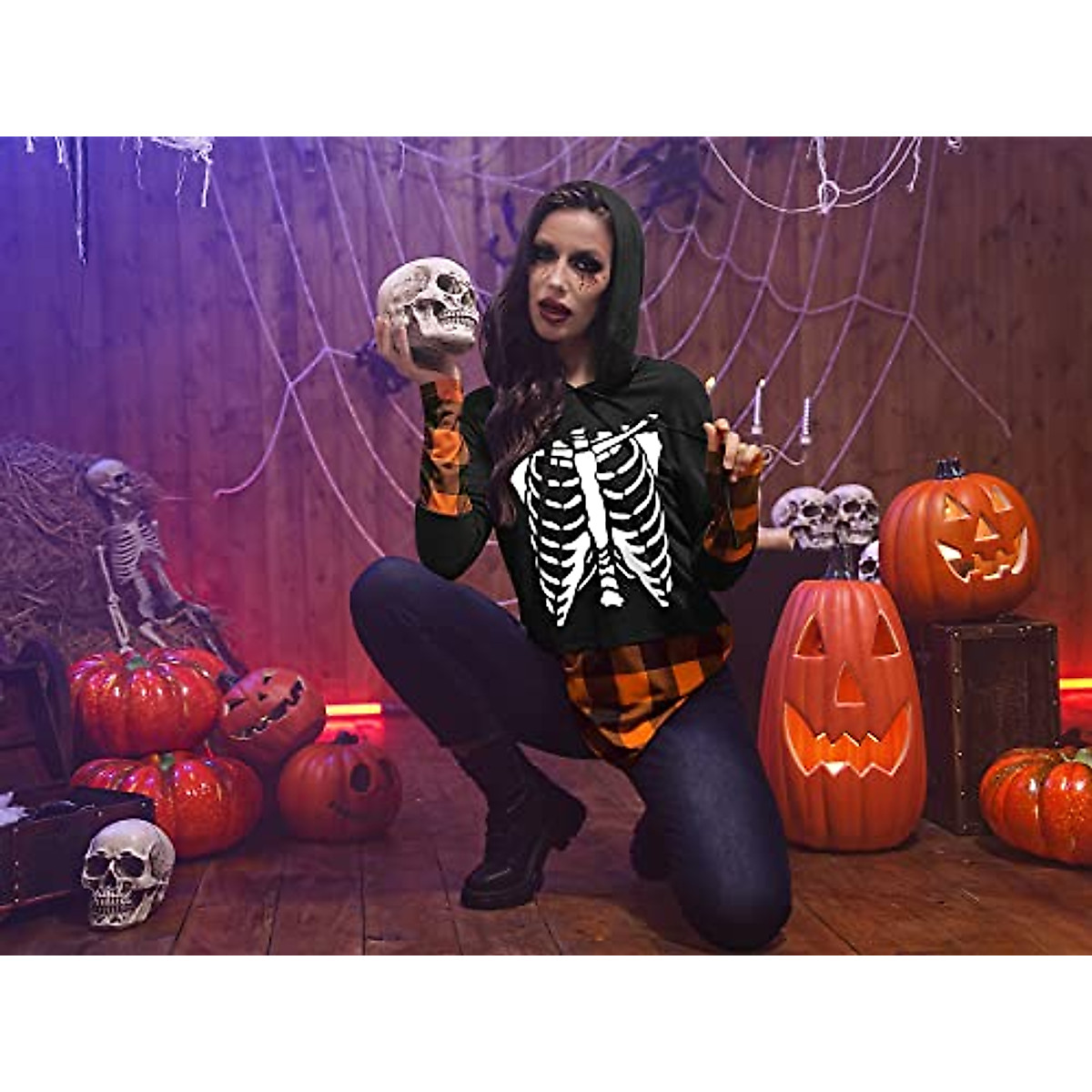 For G and PL Womens Halloween Long Plaid Sleeve Tops Shirts Skeleton Skull Hoodie Sweatshirt Black M