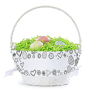 Floral and Heart Theme DIY Personalized Easter Egg Basket with Handle and Custom Name | Color It Yourself Easter Basket Liners | White Basket | Woven Easter Baskets for Kids | Customized Easter Basket
