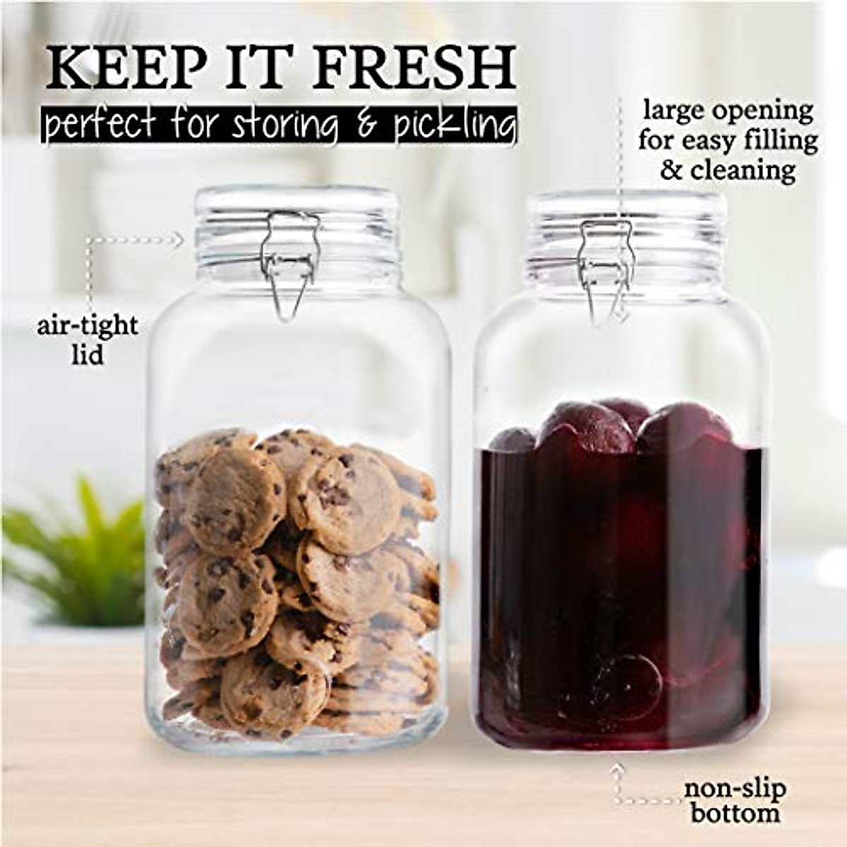 Glass Jars with Airtight Lid | Glass Airtight Food Storage Containers | Clear Leak Proof Rubber Gasket and Clamp Lid [Set of 4-1 Gallon Jars]