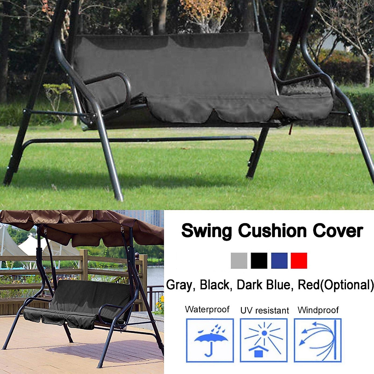 3 Seats Swing Chair Hammock Seat Cushion Cover, 59.1x19.7x3.9 inch Garden Courtyard Outdoor Waterproof Polyester Taffeta Swing Seat Cover (Black)