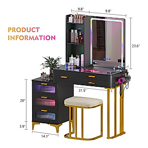 Gurexl RGB Vanity Desk with Mirror and Lights, Glass Top Makeup Vanity Table with Wireless Charging Station, Modern Dressing Table with 24 Lighting Modes, Cushioned Stool Included