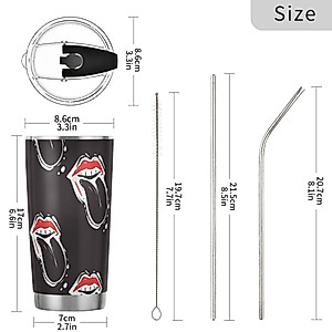 Rock Roll Red Lips Tumbler Bottle with Lid and Straw 20oz Insulated Coffee Ice Cup Vacuum Stainless Steel Shaker Bottle Travel Mug Water Cup Gifts