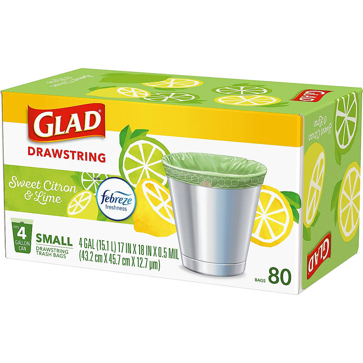 Glad Small Kitchen Drawstring Trash Bags – 4 Gallon Green Trash Bag Febreze , Sweet Citron & Lime, 80 Count (Package May Vary)