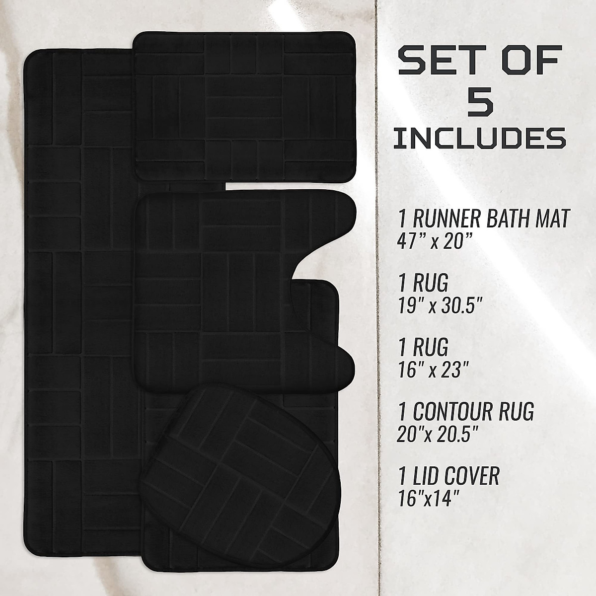 Effiliv Bathroom Rug Set 5 Piece - Memory Foam Bathroom Mat Set, Soft and Comfortable, Non-Slip Thick Absorbent Bath Mats, Machine Washable, Black