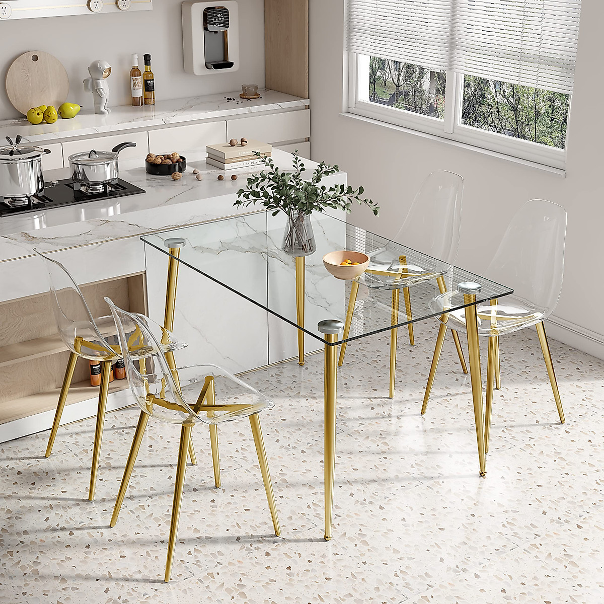 51 inch Glass Dining Table Set for 4, Dining Table & Chair Sets with Gold Plating Legs for Kitchen, Modern Rectangle Tempered Glass Table Top and Transparent Plastic Dining Chair for Dining Room